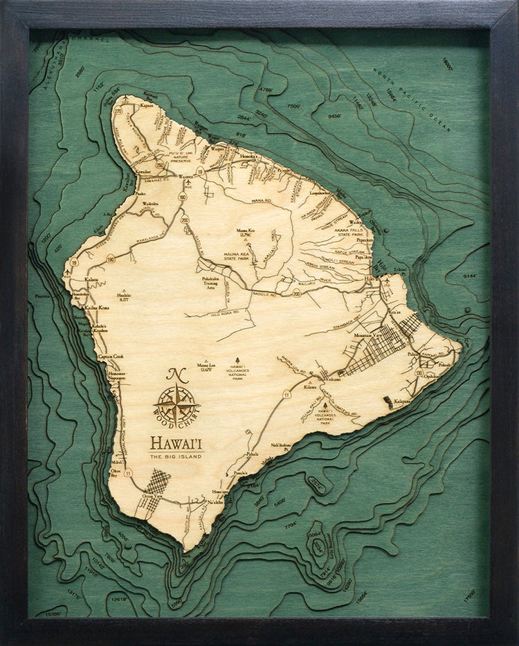 Hawaii (The Big Island) 3-D Nautical Wood Chart, Small, 16" x 20"