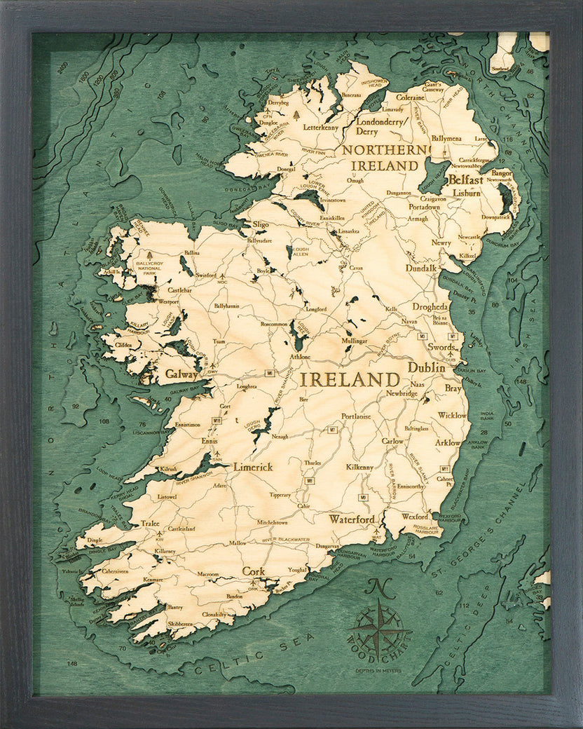Ireland 3-D Nautical Wood Chart, Small, 16" x 20"
